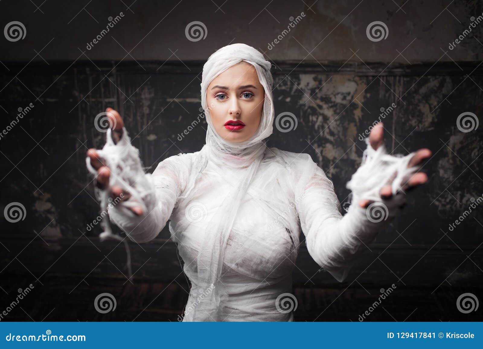 Beautiful Young Woman In Bandages Girl In A Mummy Costume Stock Image
