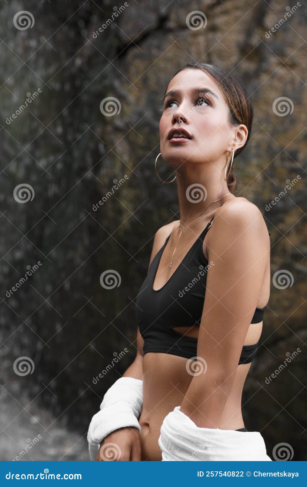 Beautiful Young Woman In Stylish Bikini Near Waterfall Outdoors Stock