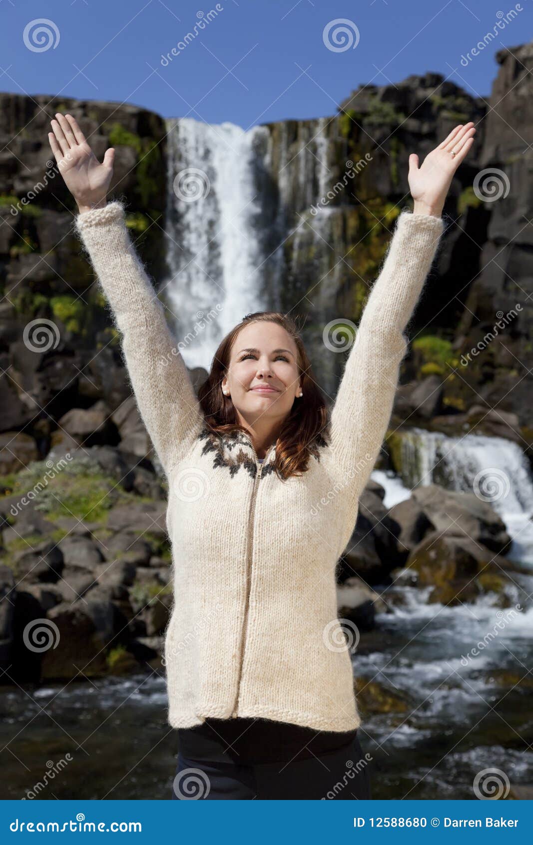 Beautiful Young Woman Celebrating by a Waterfall Stock Photo - Image of ...