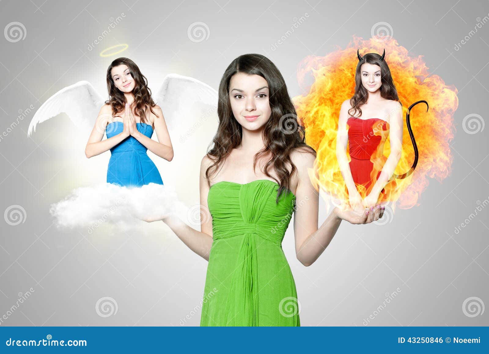 Beautiful Young Woman Choosing between Angel and Devil Stock Photo ...