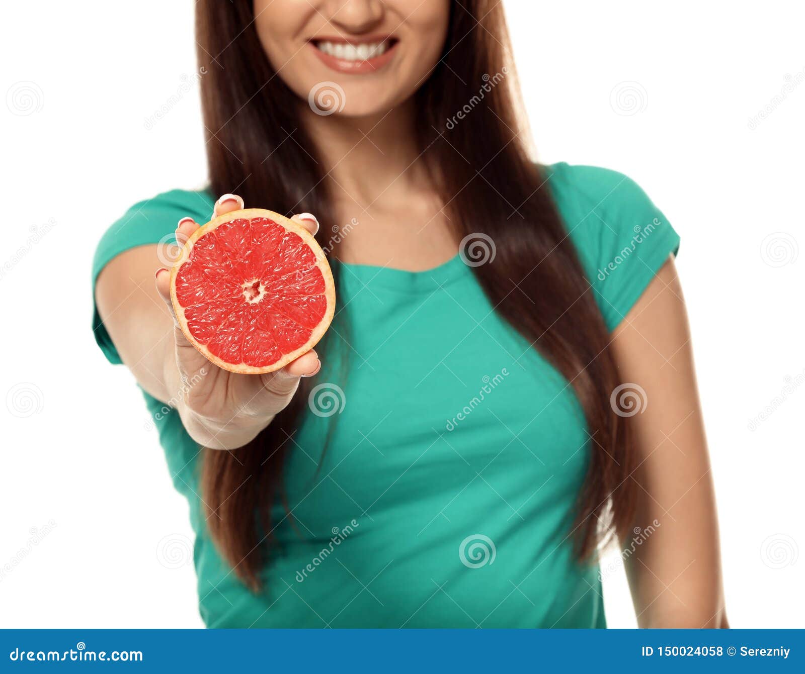 Beautiful Young Woman with Citrus Fruit on White Background Stock Photo ...