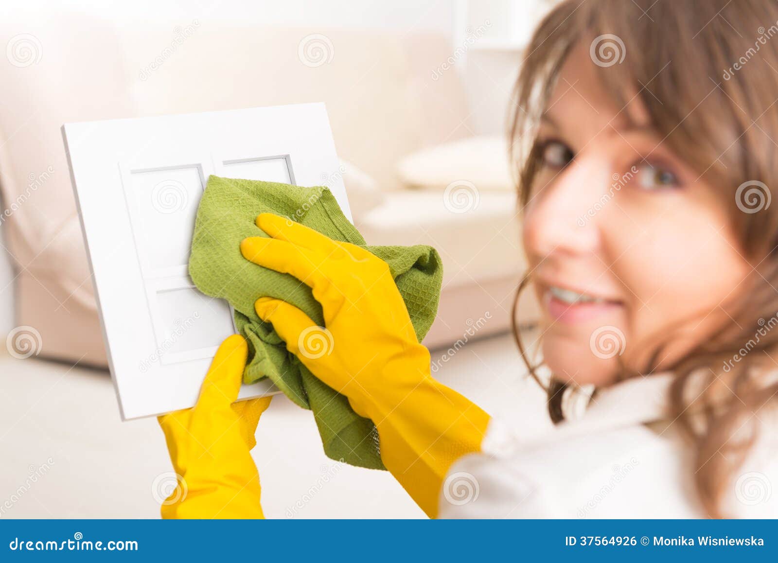 Beautiful Young Woman Cleaning Frame Stock Photo - Image of product ...