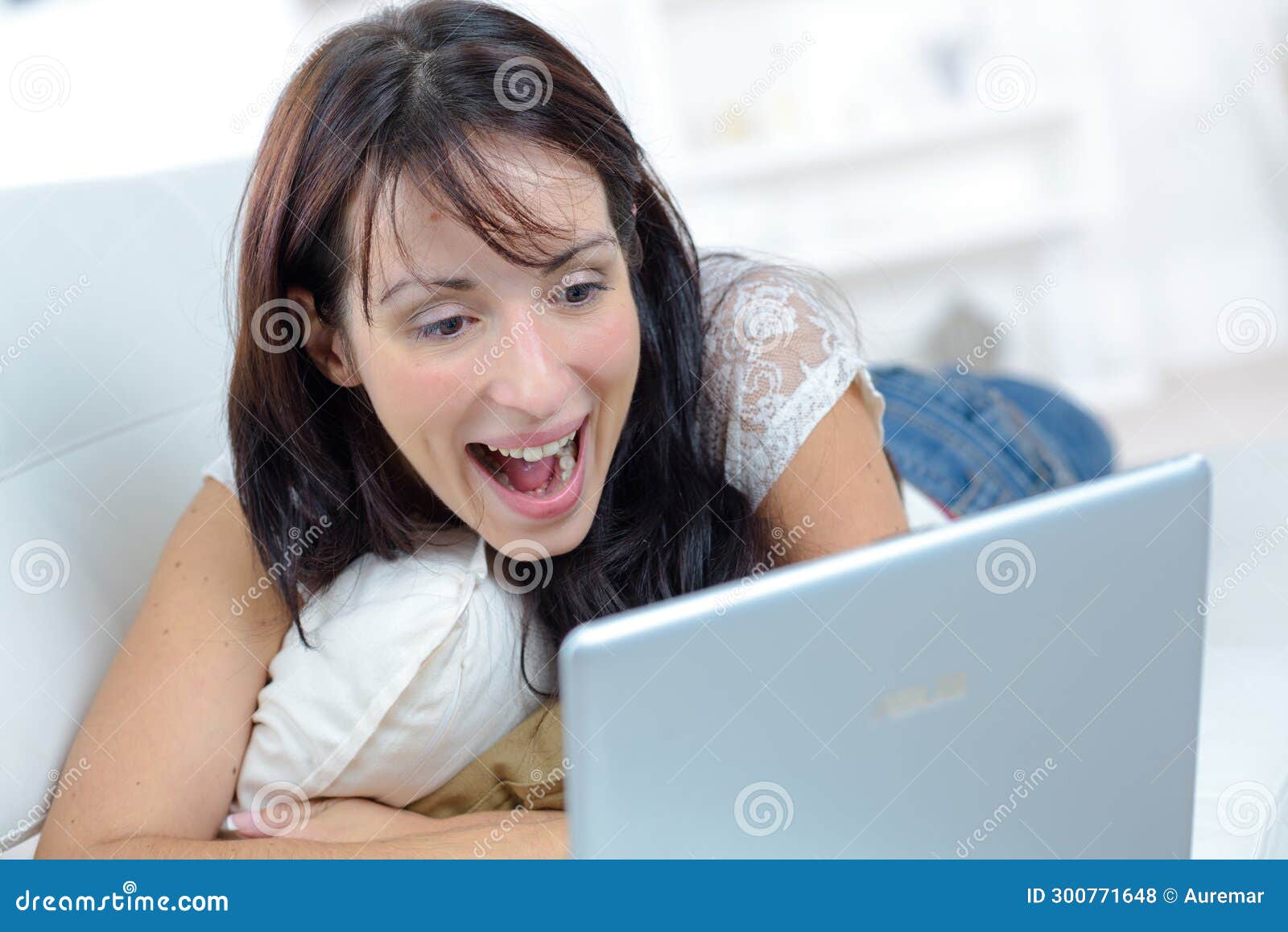 Beautiful Young Woman with Computer at Home on Sofa Stock Photo - Image ...