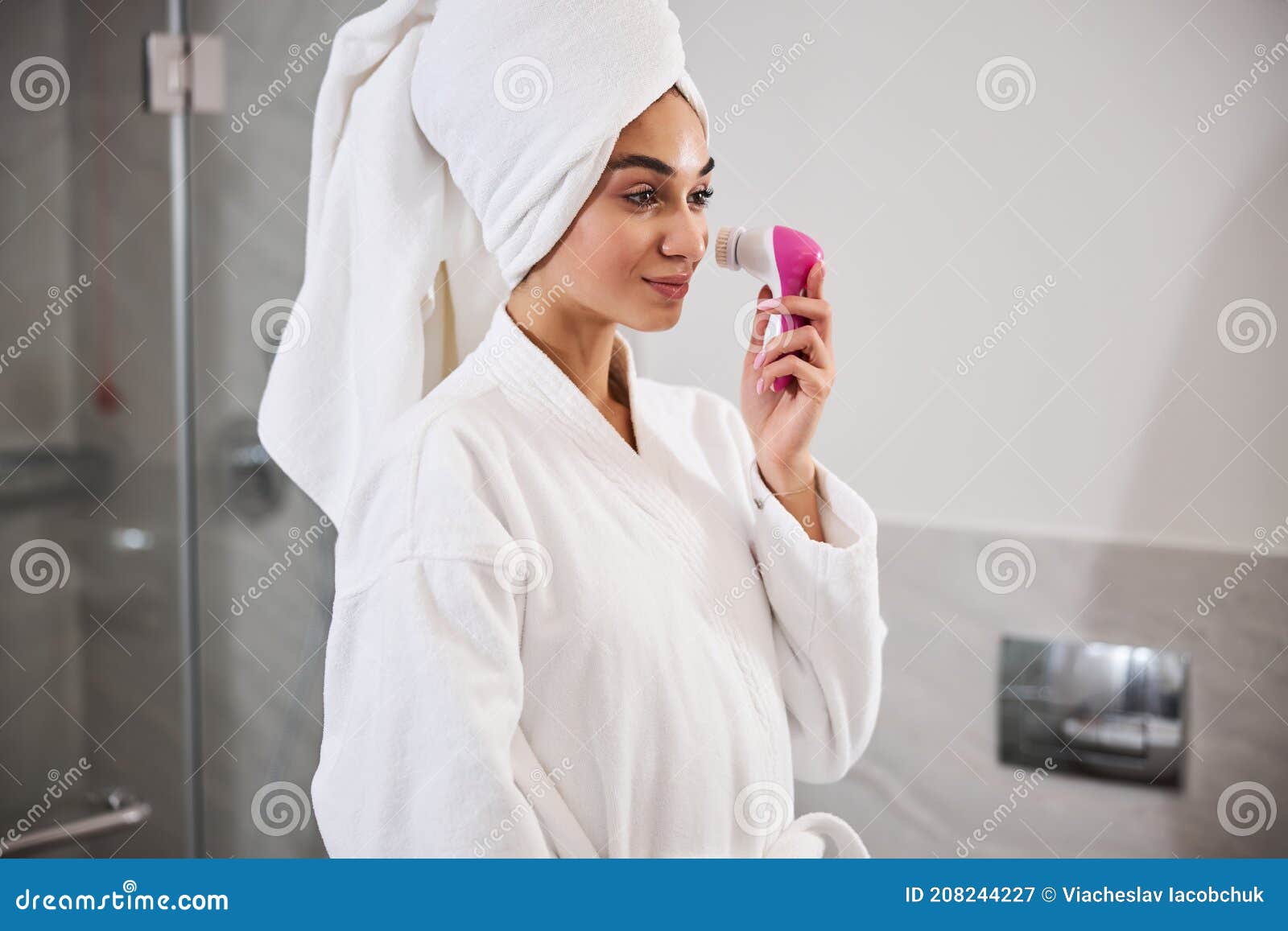 Beautiful Young Woman Doing Facial Massage After Shower Stock Image