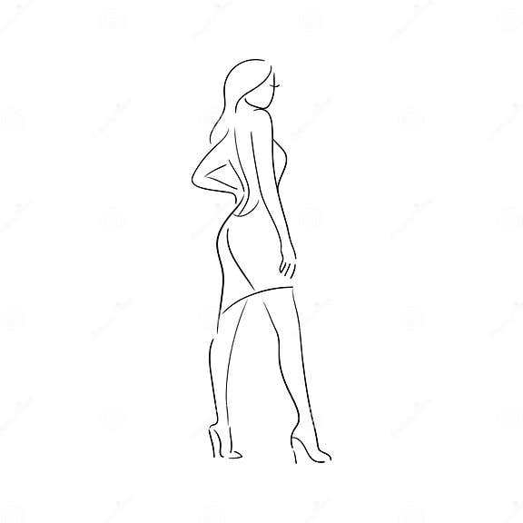 A Beautiful Young Woman In A Dress Stands With Her Back Stock Vector