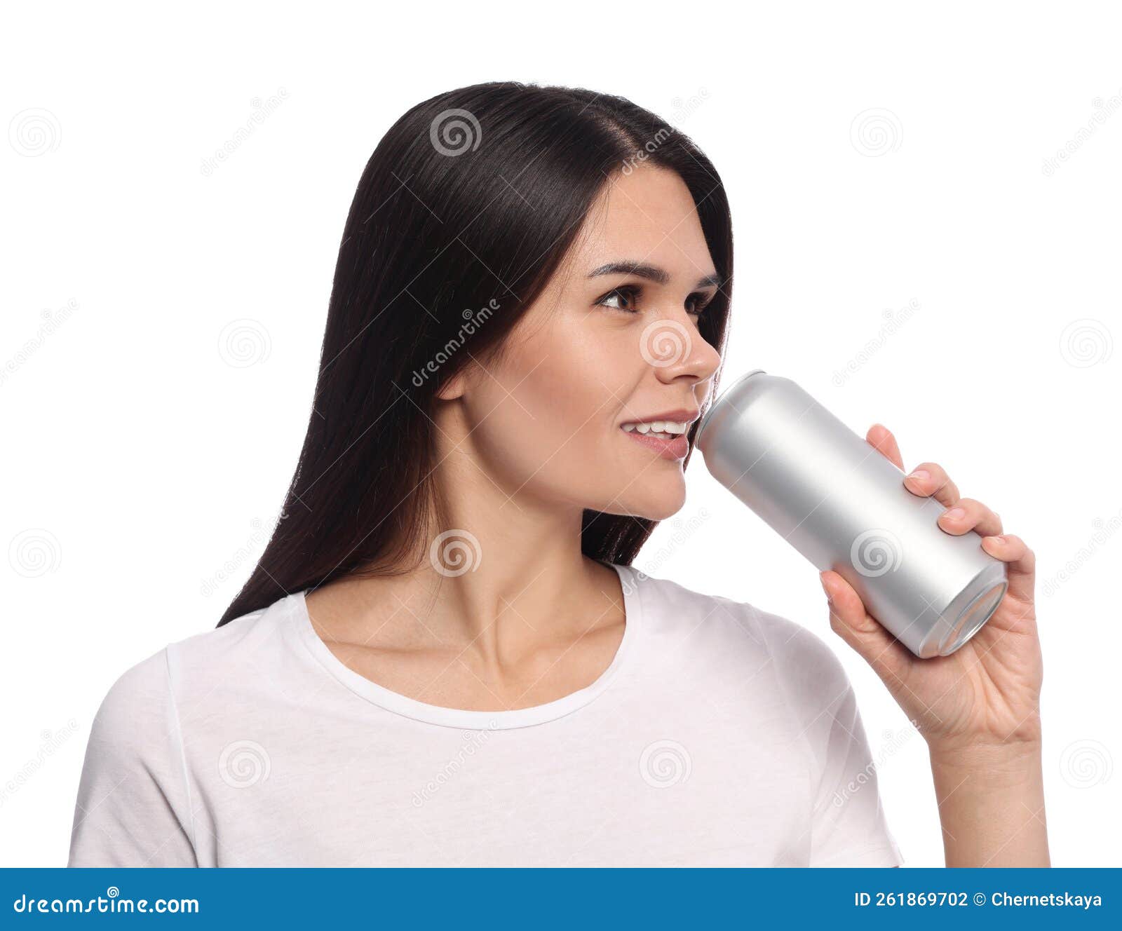 Beautiful Young Woman Drinking from Tin Can on White Background Stock ...