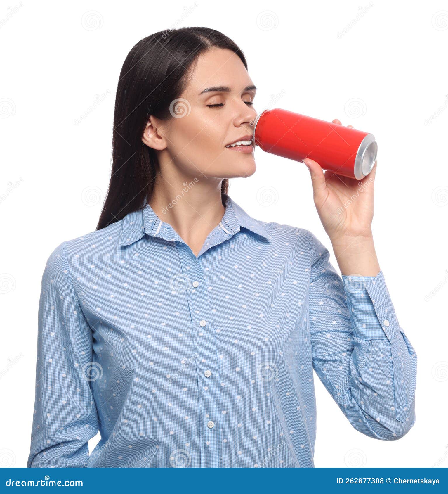 Beautiful Young Woman Drinking from Tin Can on White Background Stock ...
