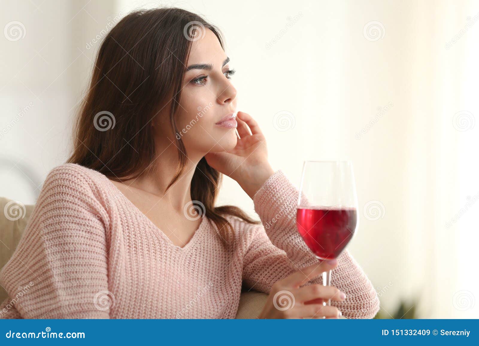 Beautiful Young Woman Drinking Wine at Home Stock Image - Image of ...