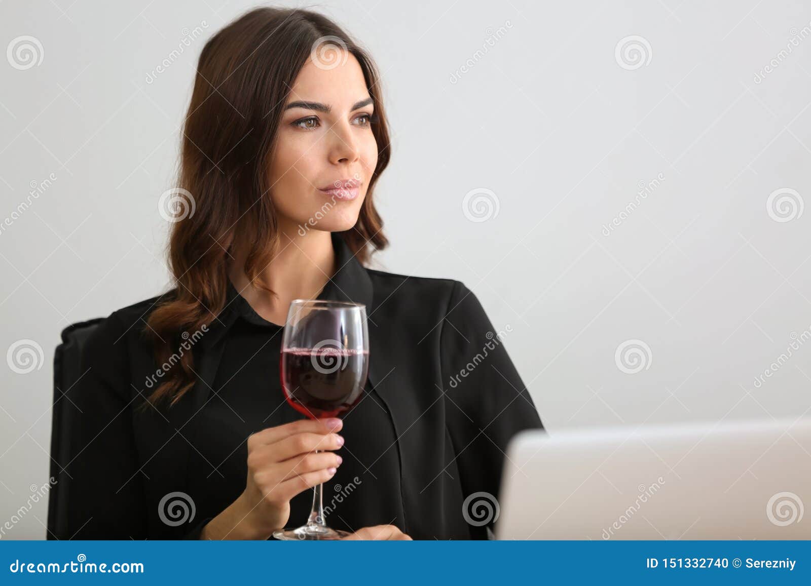 Beautiful Young Woman Drinking Wine in Office Stock Photo - Image of ...