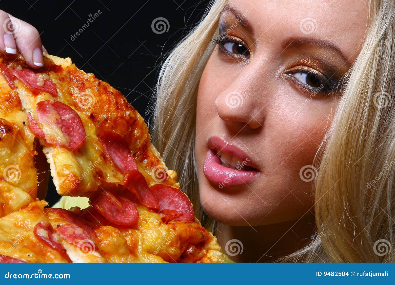 Beautiful Young Woman Eating Pizza Stock Photo - Image of face ...