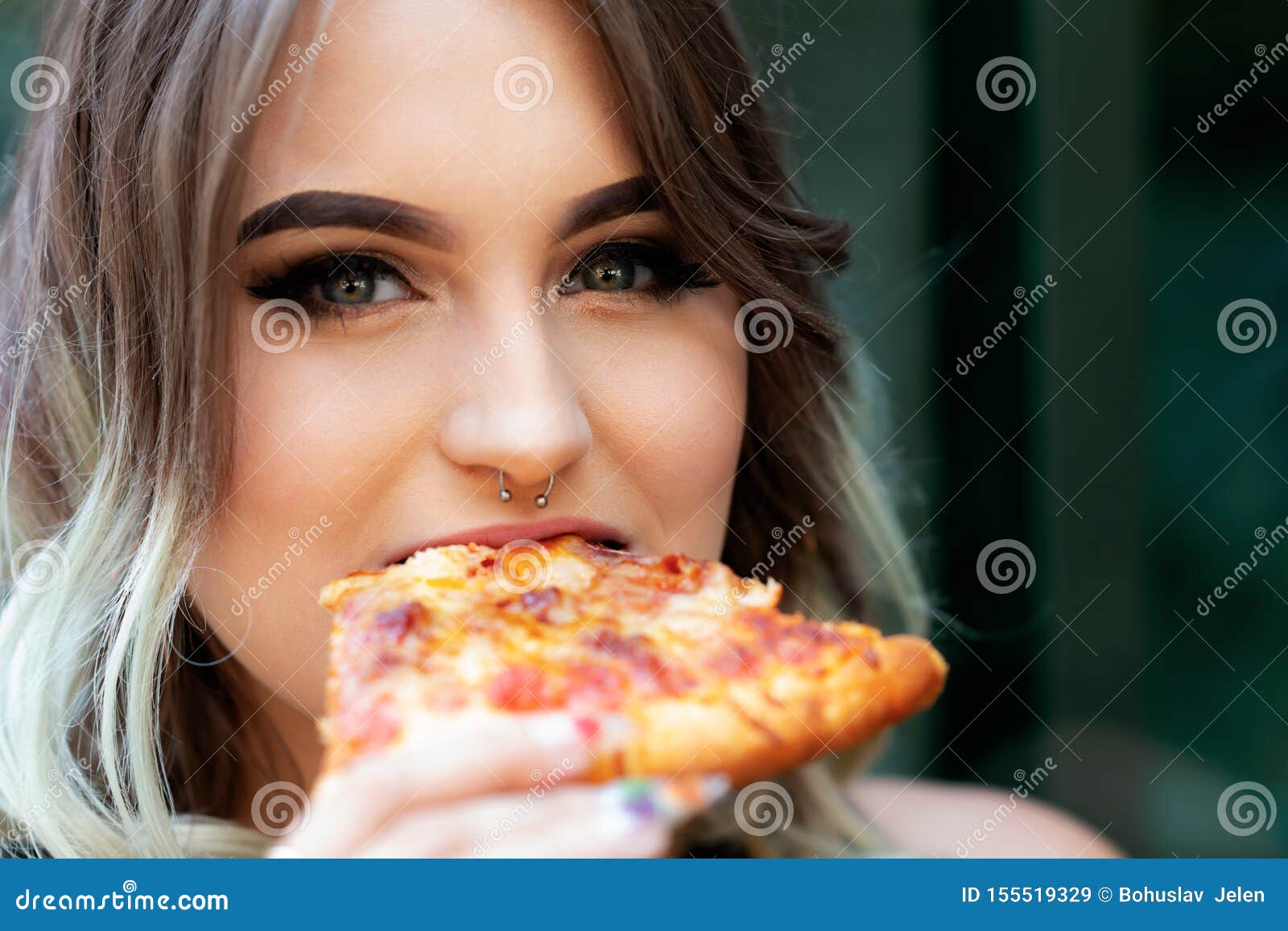 Beautiful Young Woman Eating Slice Of Hot Pizza Popular Fast Food