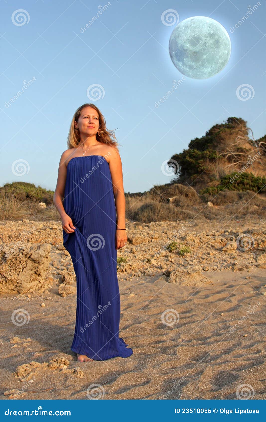 Beautiful Young Woman and Full Moon Stock Photo - Image of moon, beach ...