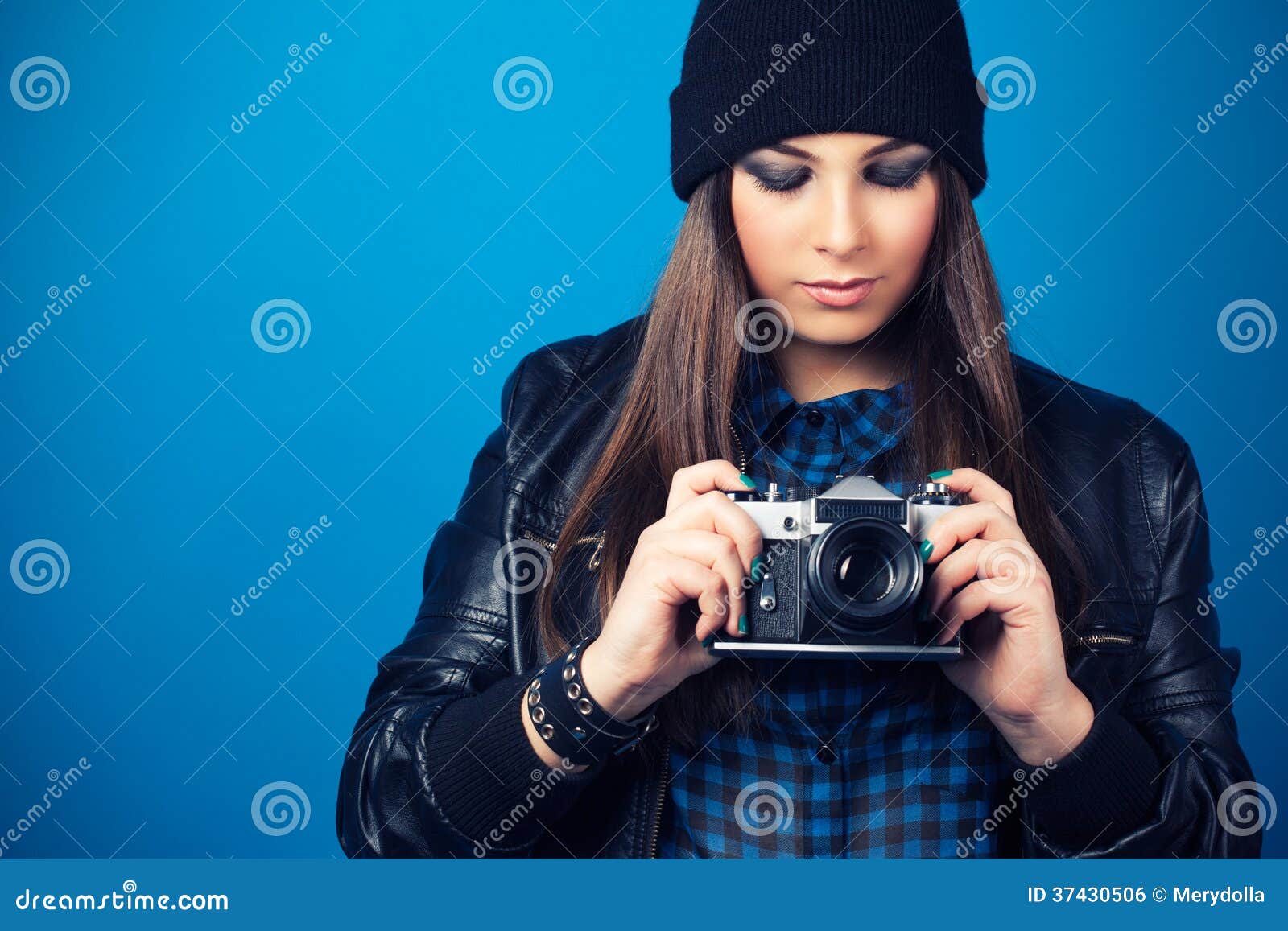 Beautiful Young Woman Holding Camera Stock Photo - Image of brunette ...