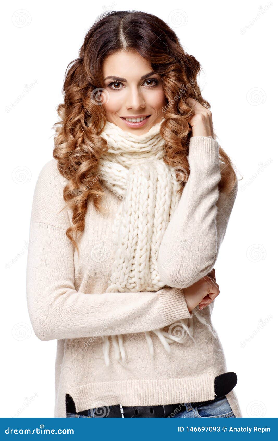 Beautiful Young Woman In Knitted Wool Sweater Smiling Stock Image