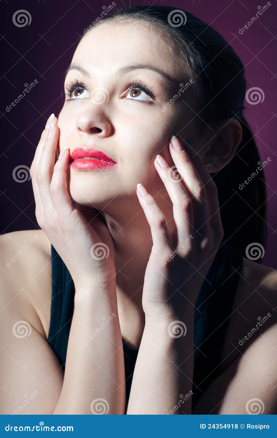Beautiful Young Woman Looking Up in Expectation Stock Photo - Image of ...