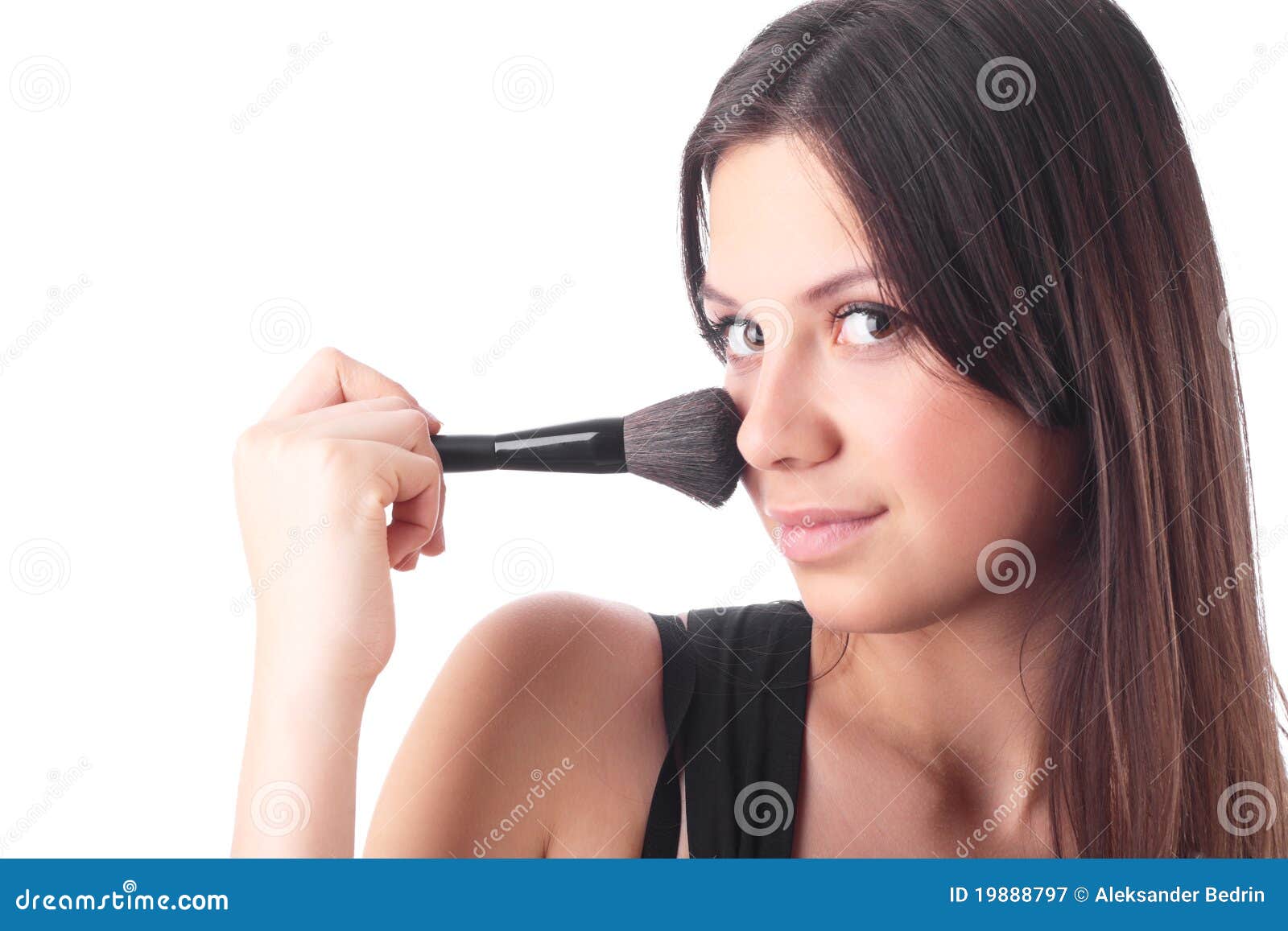 Beautiful Young Woman with a Make-up Brush. Stock Image - Image of girl ...