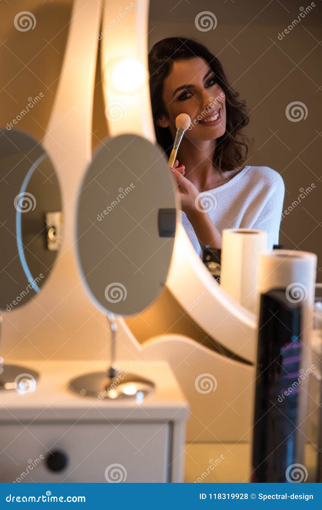A Beautiful Young Woman at a Makeup Table Stock Photo - Image of brush ...
