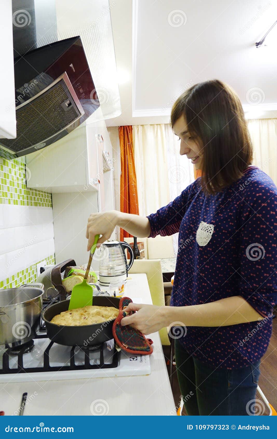 Beautiful Young Woman Making Cake in the Kitchen. Stock Image - Image ...