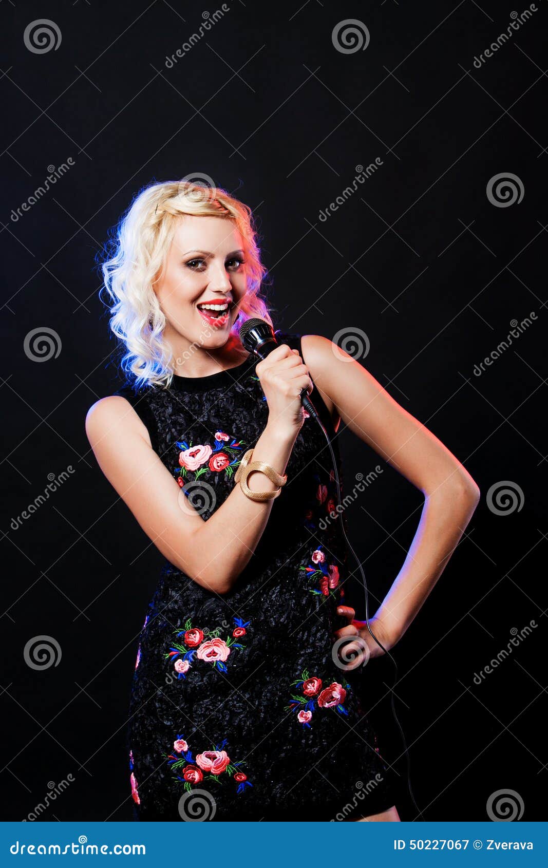Beautiful Young Woman With Microphone Singing In Stock Image Image Of