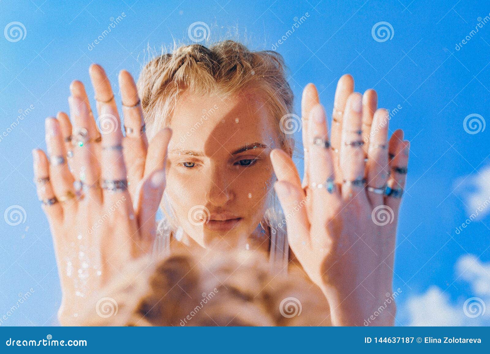 Beautiful Young Woman Model Reflection in Mirror Portrait Stock Image ...