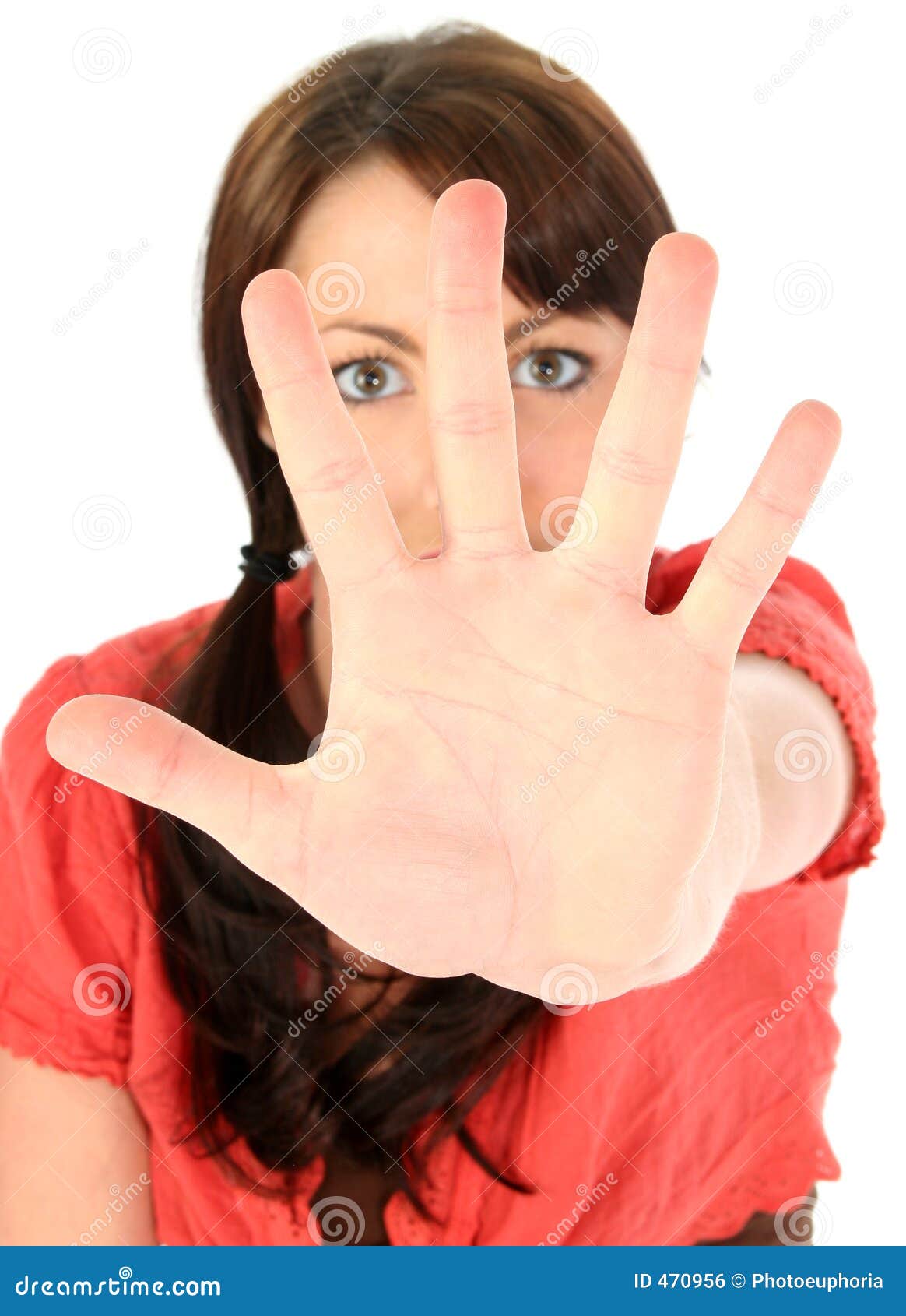 Beautiful Young Woman with Palm Towards Camera Stock Photo - Image of ...