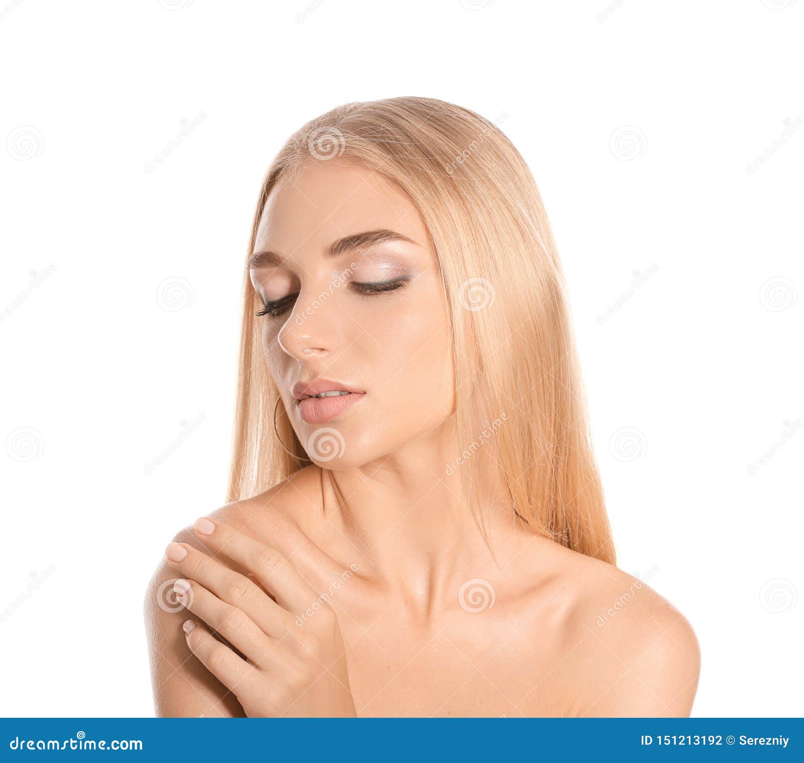 Beautiful Young Woman With Pink Lipstick On White Background Stock