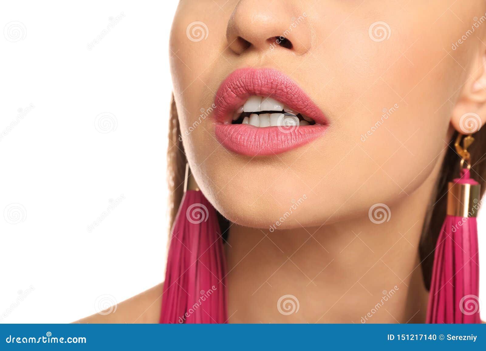 Beautiful Young Woman With Pink Lipstick On White Background Closeup