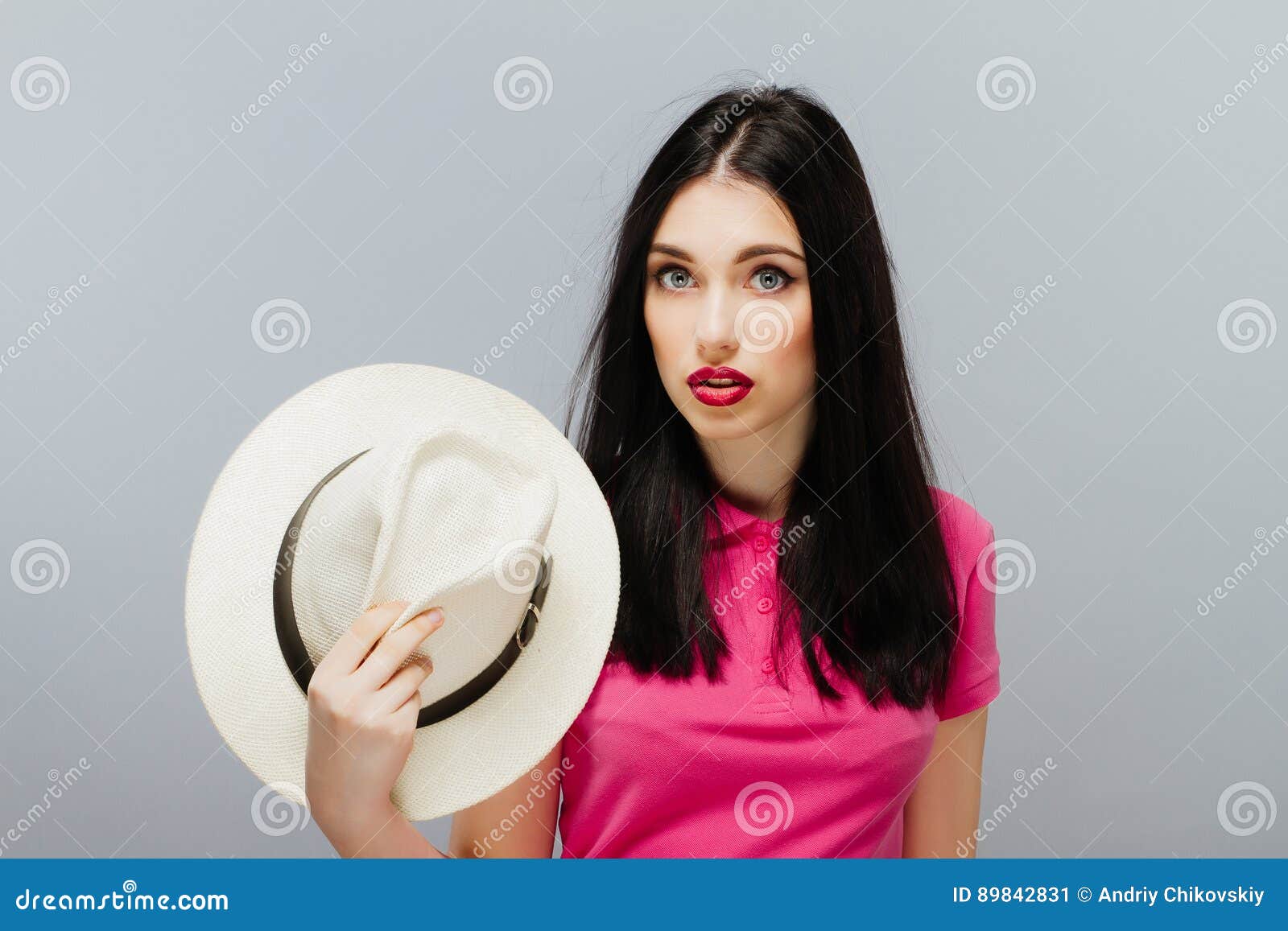Beautiful Young Woman Posing Taking a Hat in Hands Stock Image - Image ...