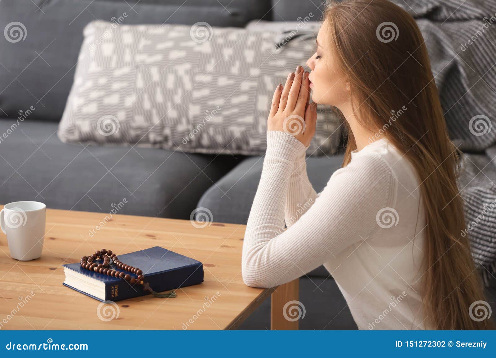 Beautiful Young Woman Praying at Home Stock Photo - Image of caucasian ...