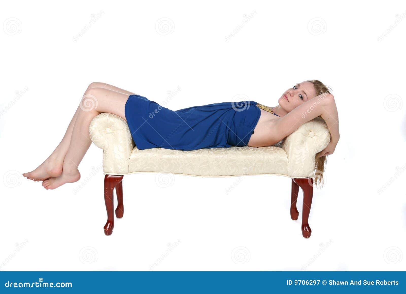 Beautiful Young Woman Reclining on White Bench Stock Image - Image of ...