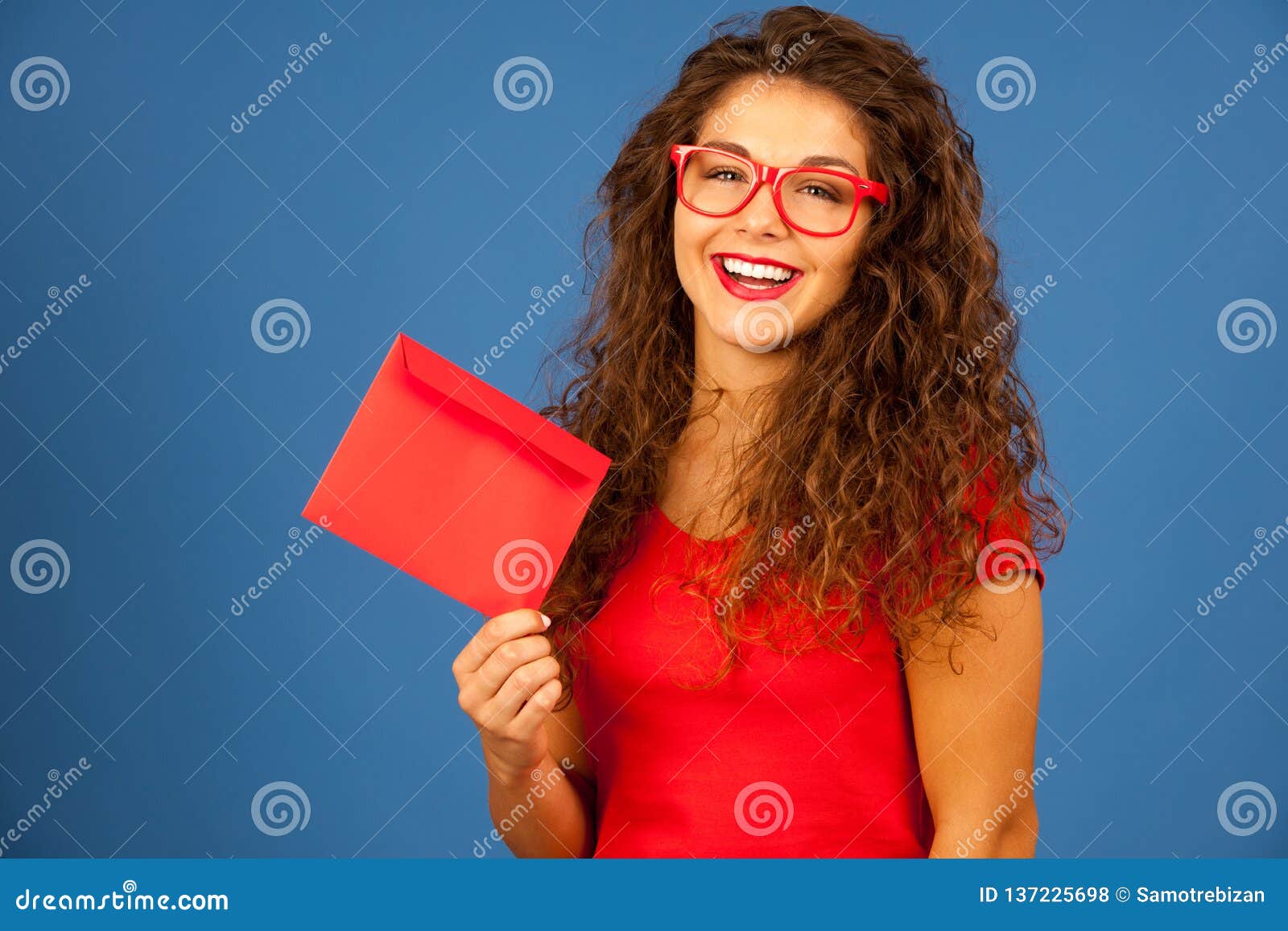 Beautiful Young Woman in Red Holding Red Envelope Stock Photo - Image ...