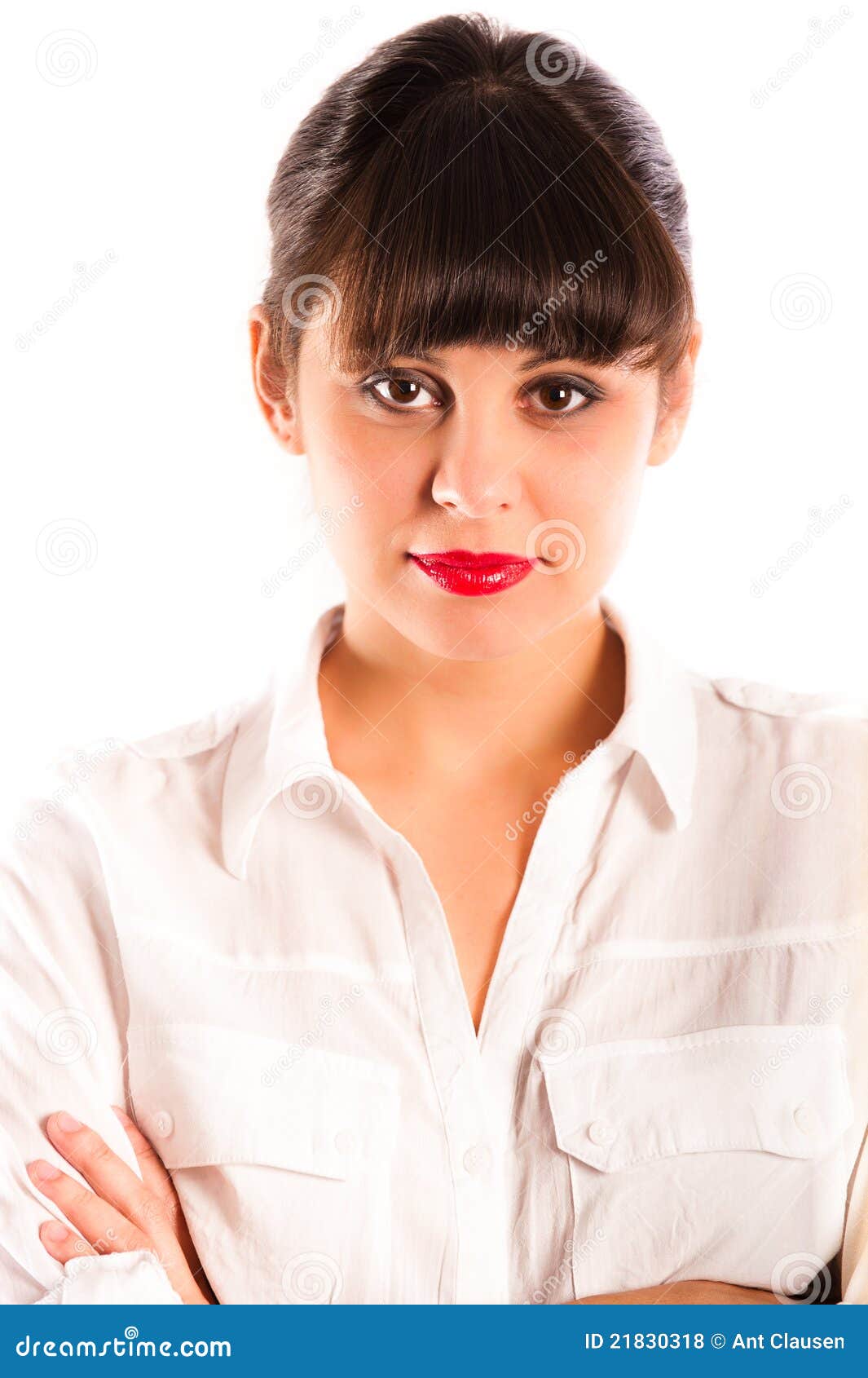 Beautiful Young Woman, Red Lips and Arms Folded Stock Photo - Image of ...