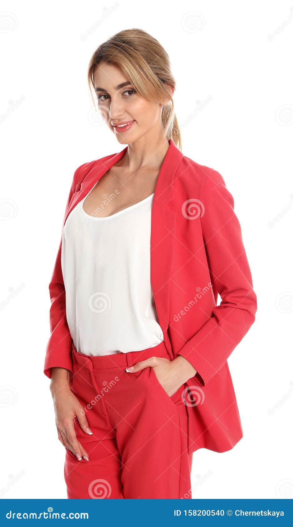 Beautiful Young Woman in Red Suit Posing Stock Photo - Image of fashion ...