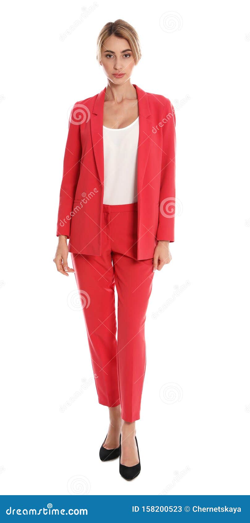Beautiful Young Woman in Red Suit on White Background Stock Image ...