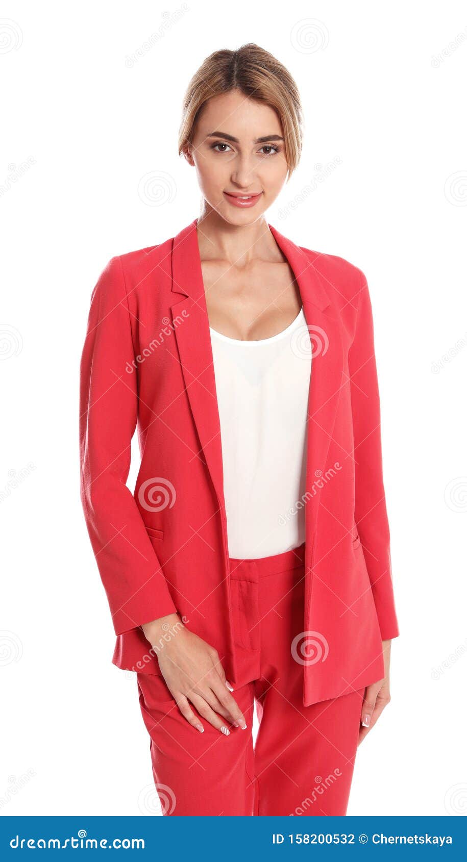 Beautiful Young Woman in Red Suit on White Background Stock Photo ...