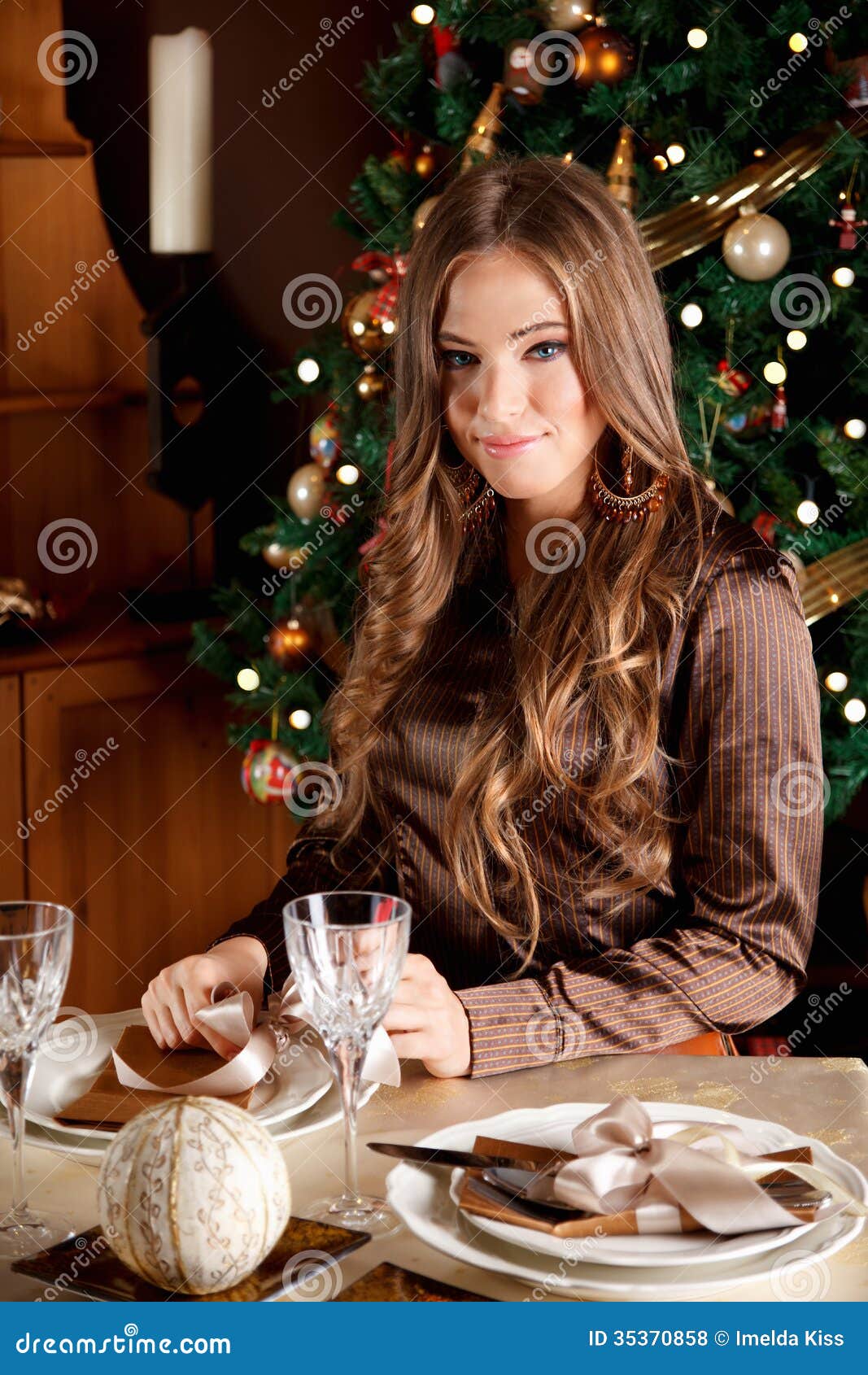 Beautiful Young Woman Setting the Chrtismas Table Stock Photo - Image ...