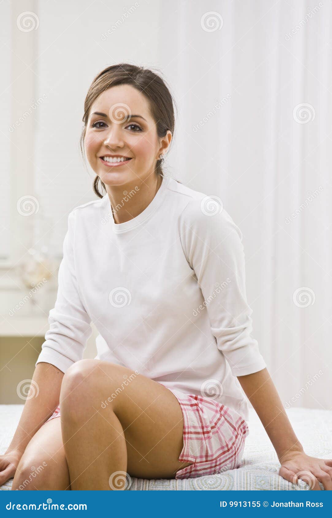 Beautiful Young Woman Sitting on Bed Stock Image - Image of seated ...