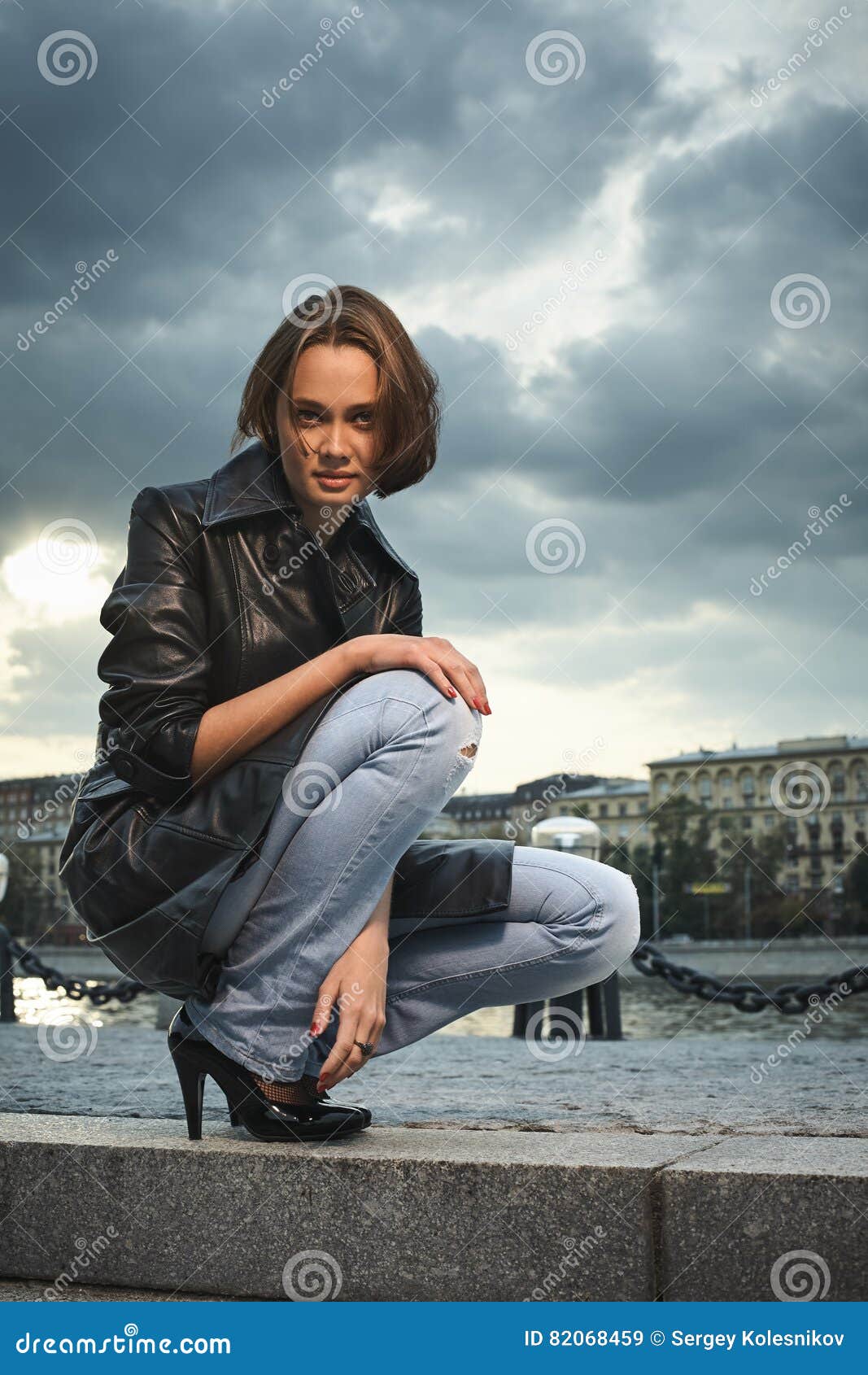 Beautiful Young Woman Sitting on Steps Stock Image - Image of granite ...