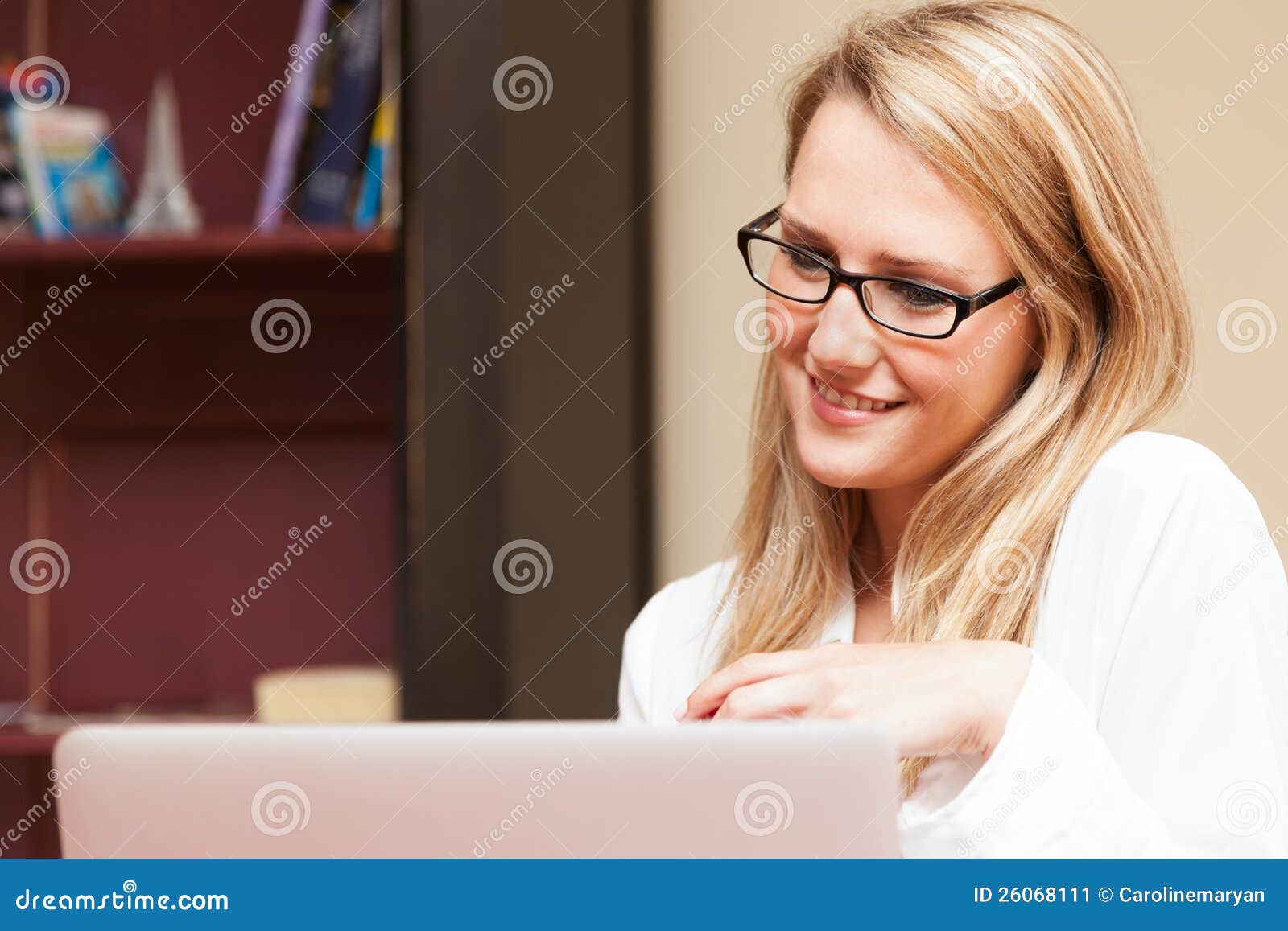 Beautiful Young Woman Smiling at Laptop Stock Image - Image of blouse ...