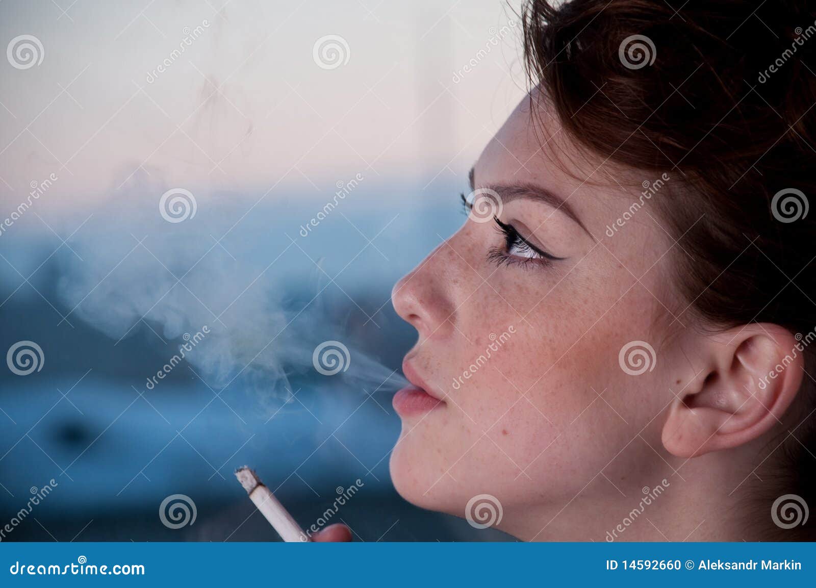 Beautiful Young Woman Smoking on Evening Window. Stock Photo - Image of ...