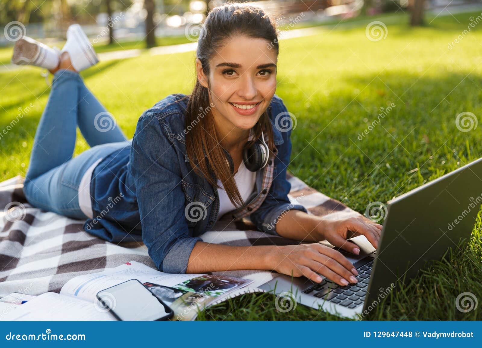 Beautiful Young Woman Student in the Park Using Laptop Computer. Stock ...