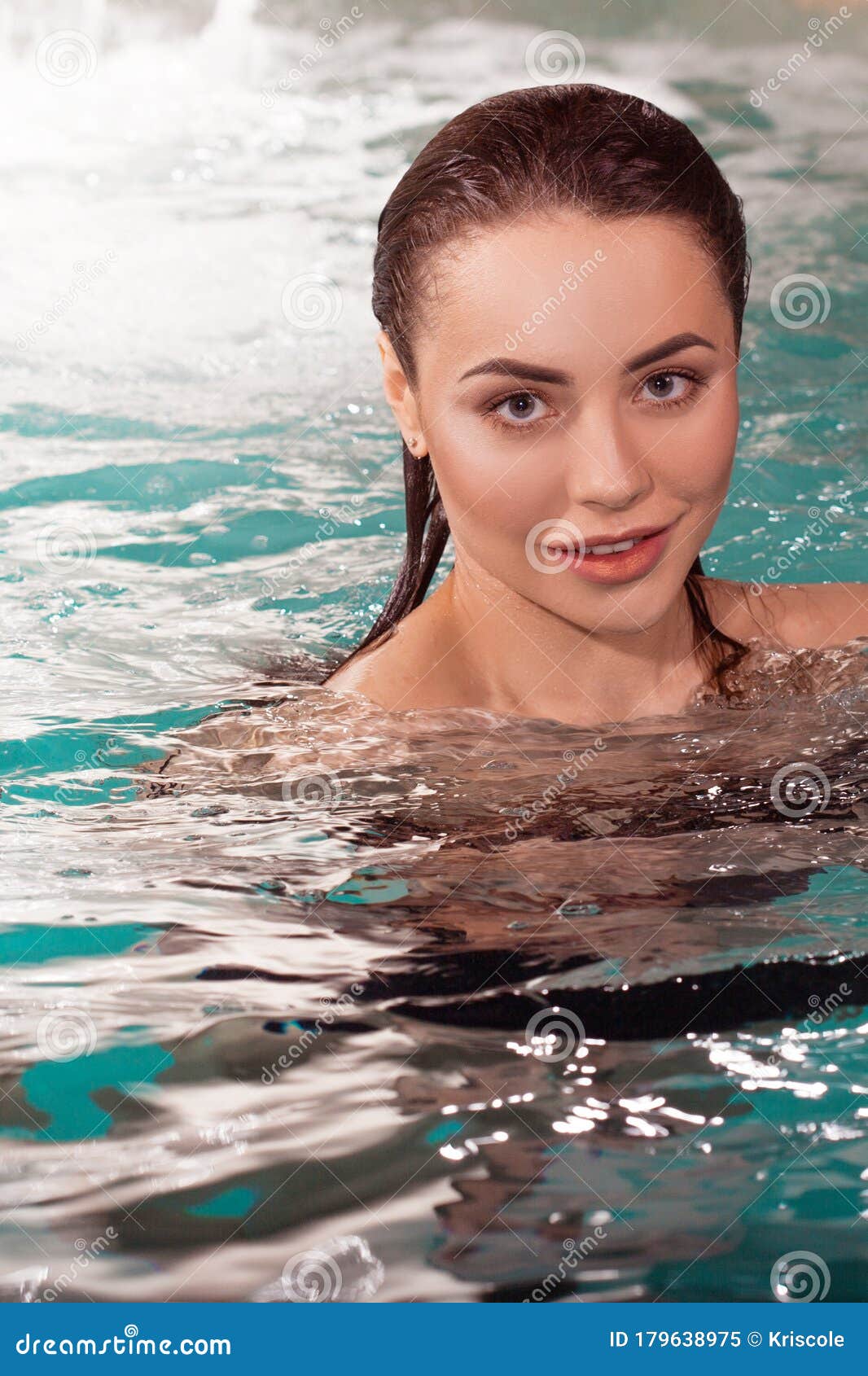 Beautiful Young Woman Swimming In The Pool Portrait Attractive