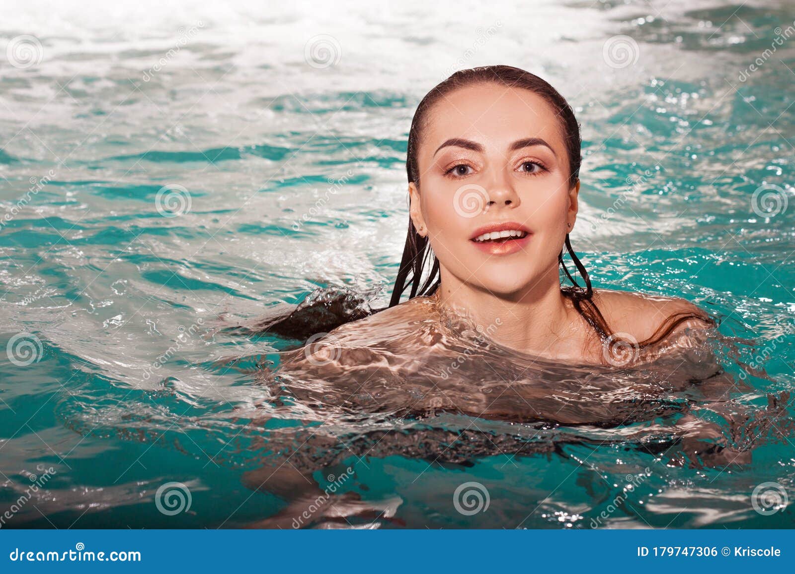 Beautiful Young Woman Swimming In The Pool Portrait Attractive
