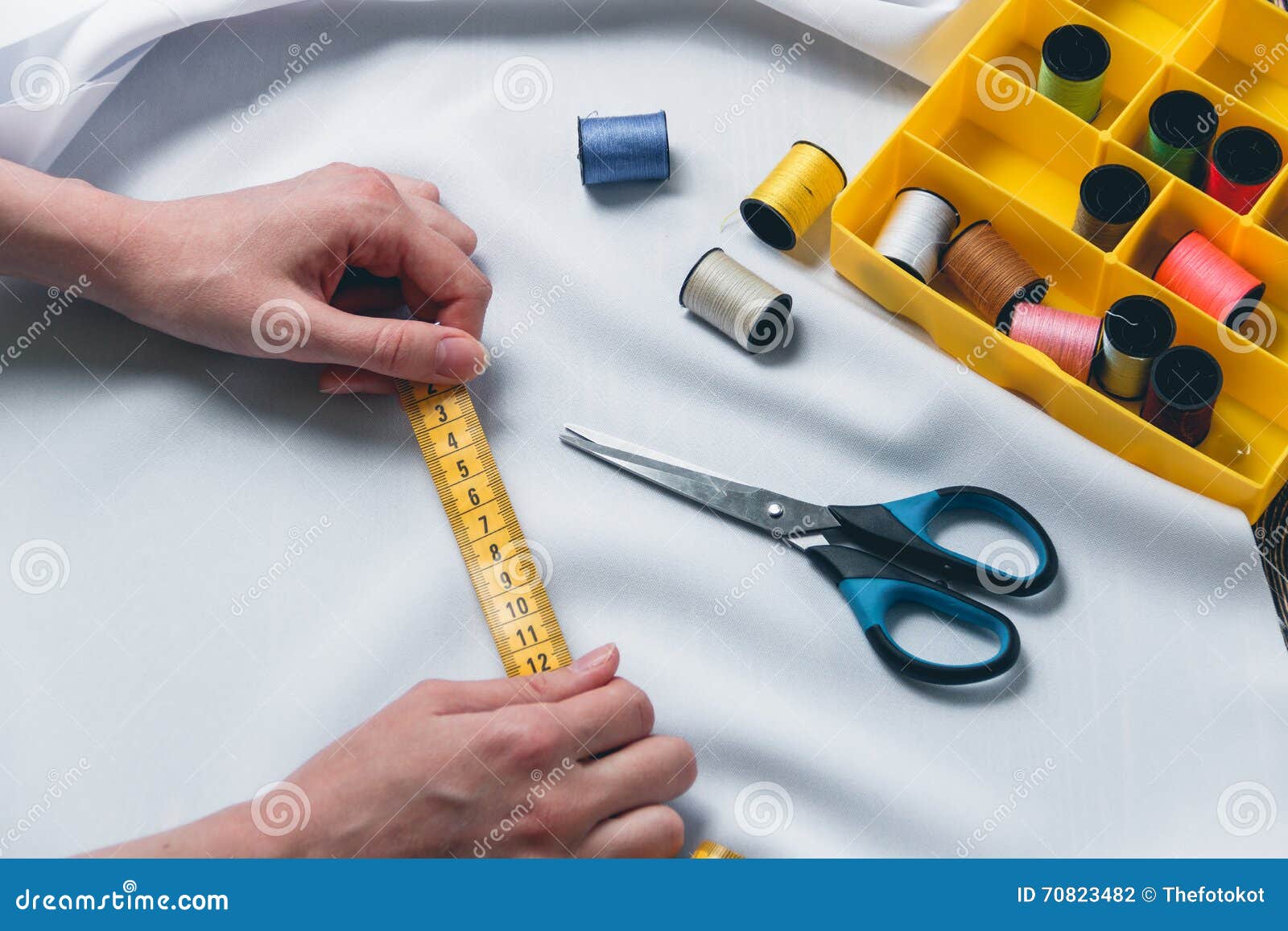 Beautiful Young Woman Tailor Measuring Stock Photo - Image of material ...
