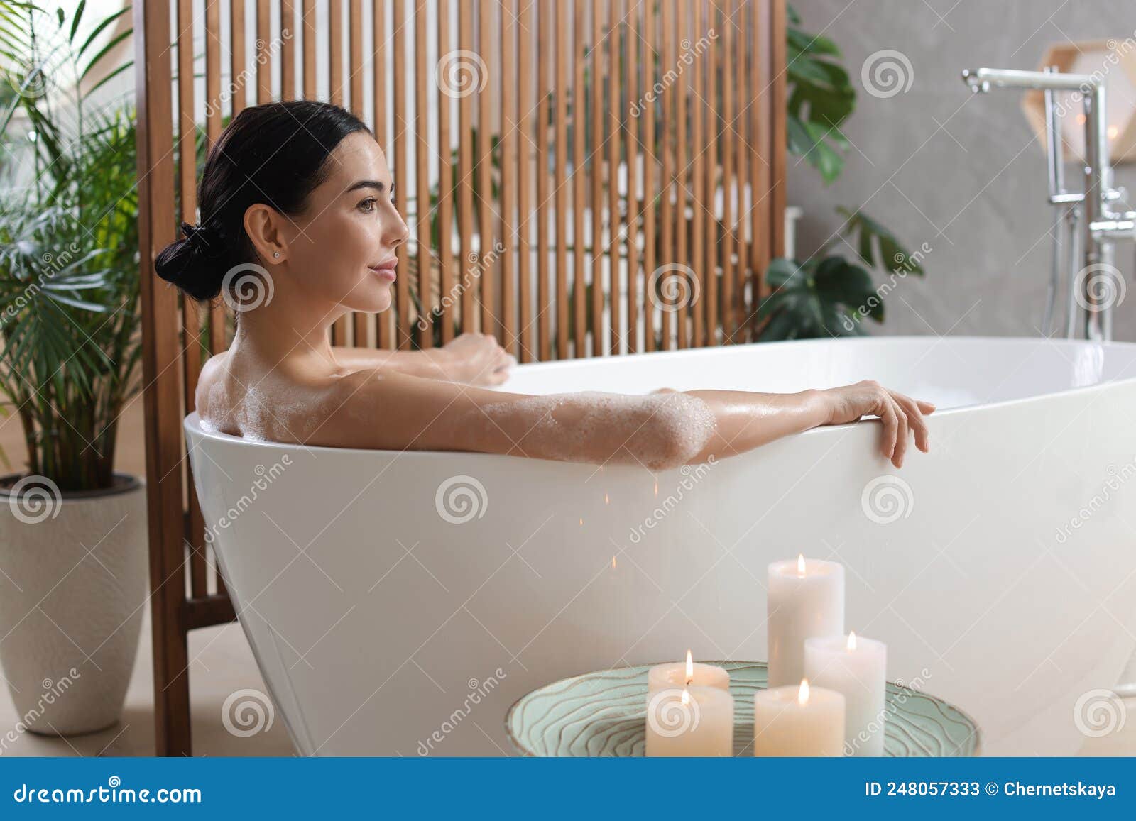 Beautiful Young Woman Taking Bubble Bath At Home Stock Image Image Of