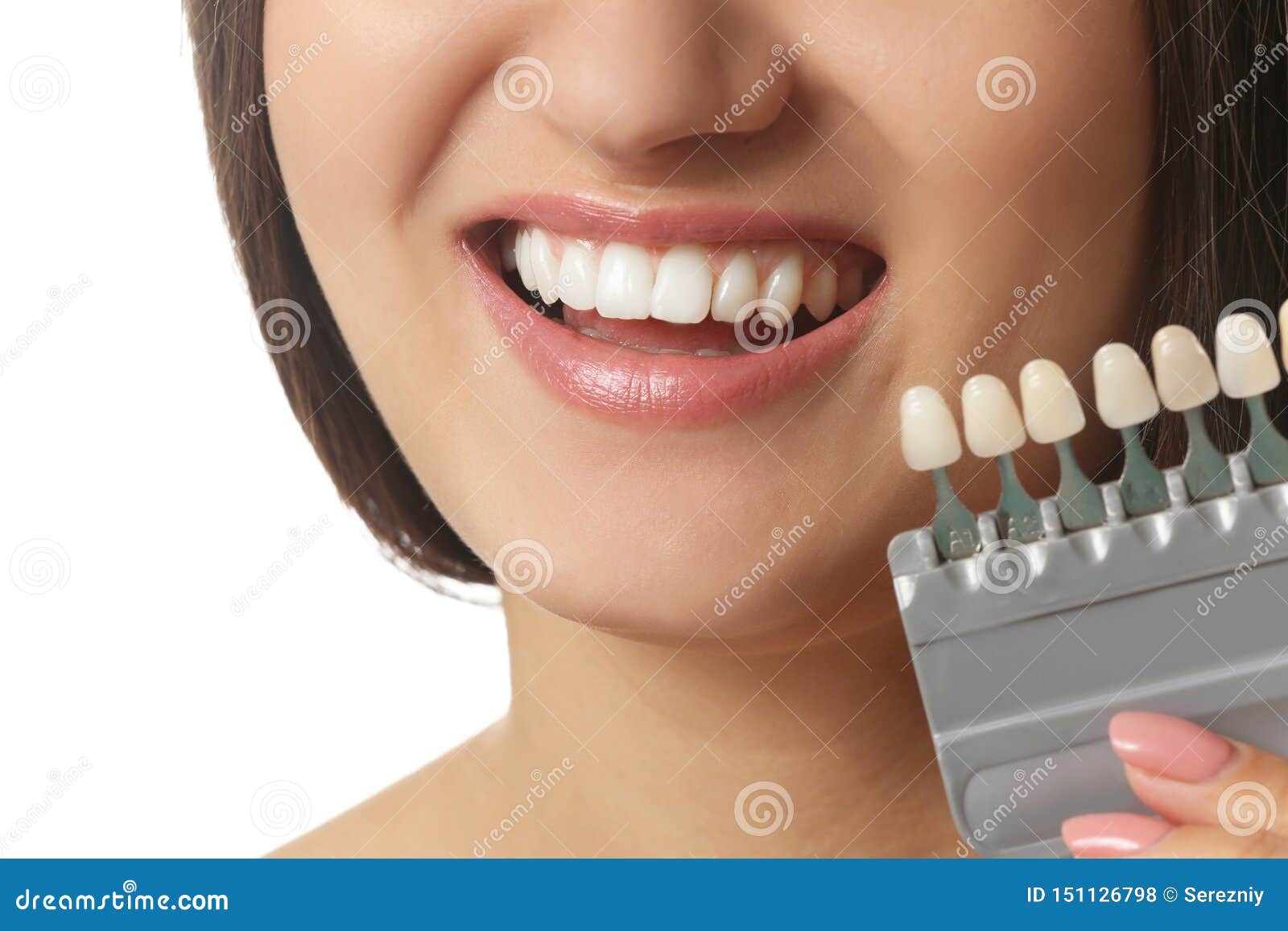 Beautiful Young Woman with Teeth Color Samples on White Background ...
