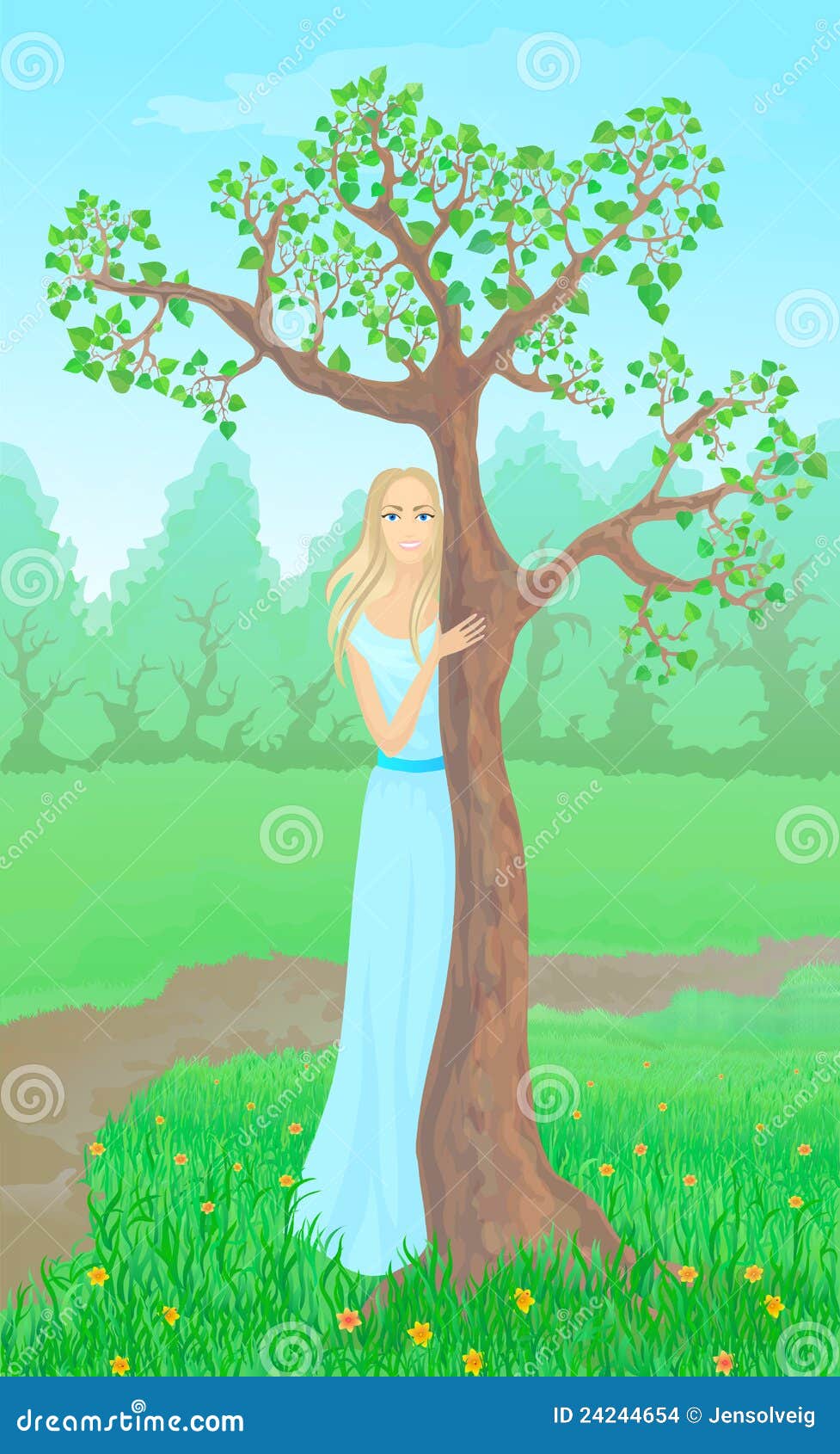 Beautiful Young Woman beside Tree. Stock Vector - Illustration of ...
