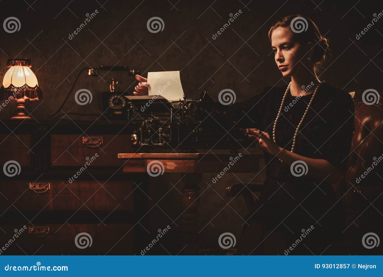 Beautiful Young Woman Typing in Retro Interior Stock Image - Image of ...