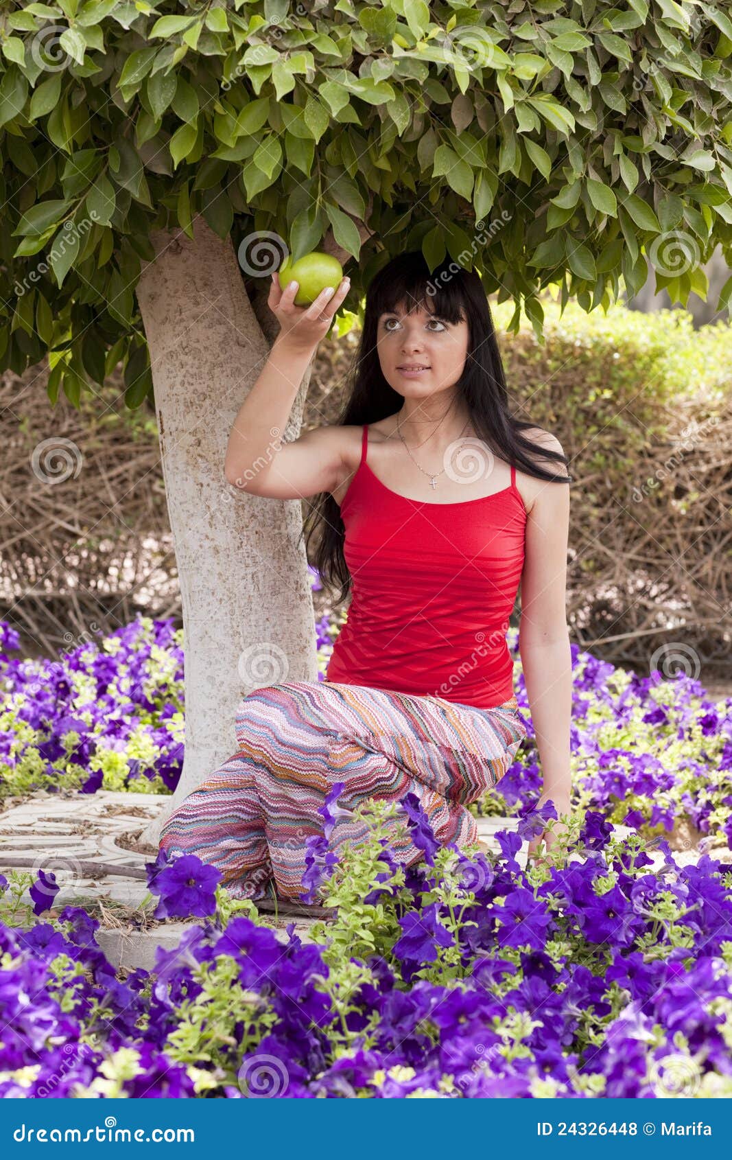 Beautiful Young Woman Under Tree Stock Photo - Image of seasonal, fruit ...