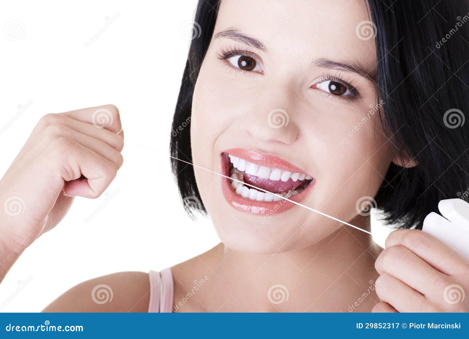 Beautiful Woman Using Dental Floss Stock Image - Image of fresh, clear ...